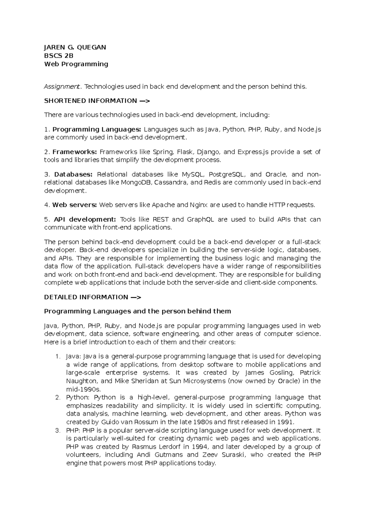 Quegan, Jaren G. - Web Programming Assignment - JAREN G. QUEGAN BSCS 2B Web Programming ...