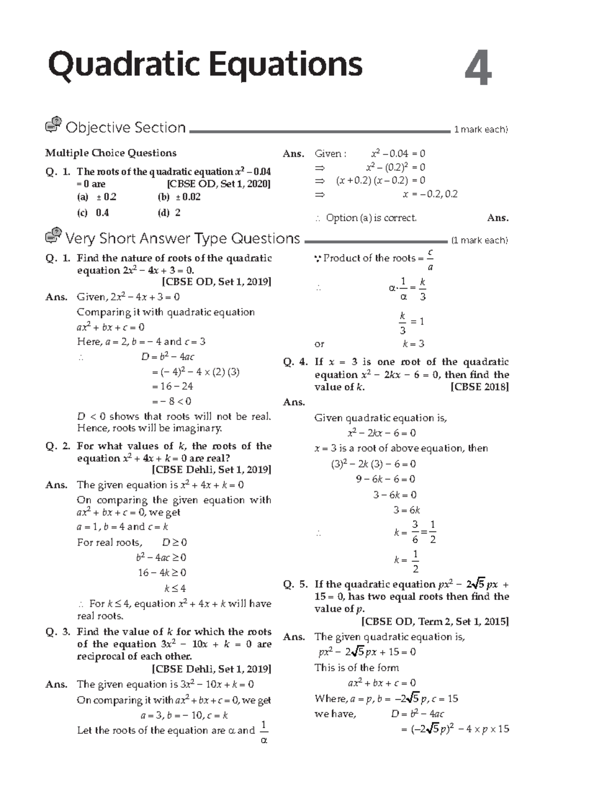 4. Quadratic Equations - Objective Section 1 mark each) Multiple Choice ...