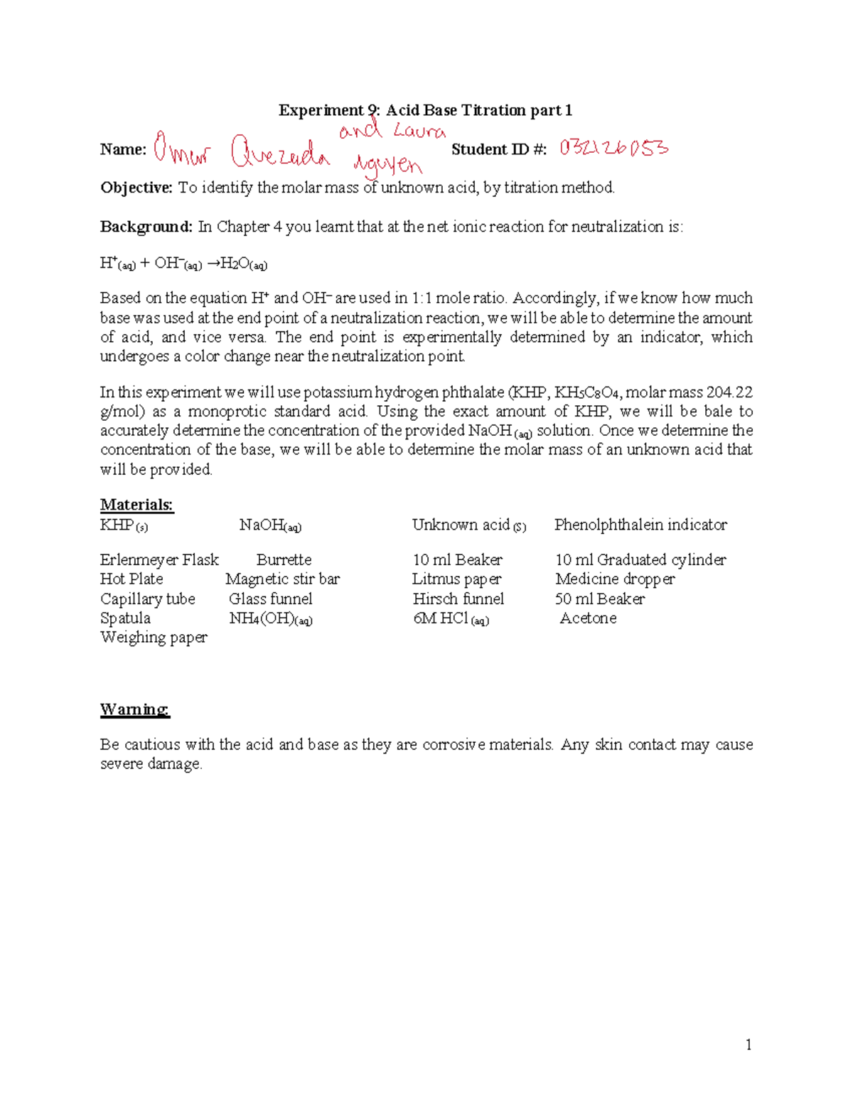 Experiment 10 titration part 1 key 1 - 1 Experiment 9 : Acid Base ...