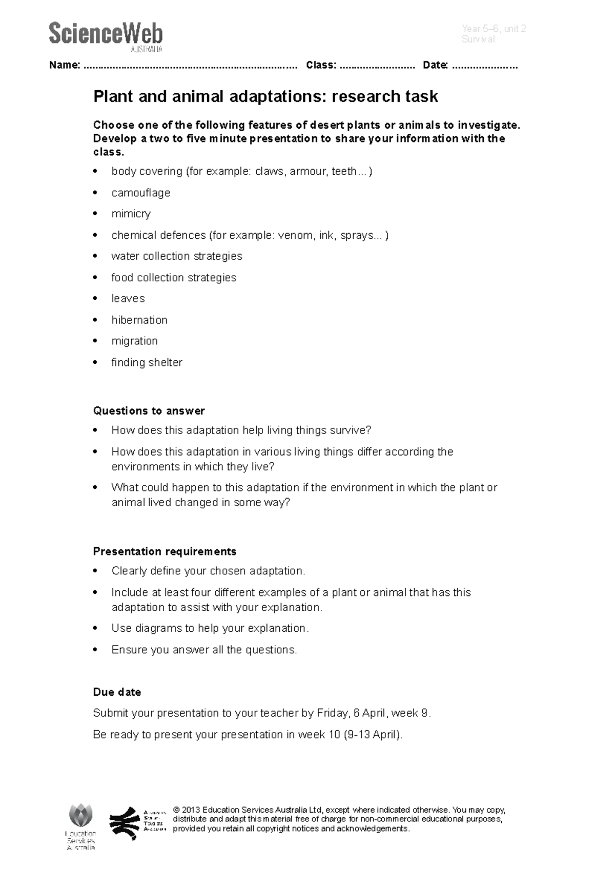 Lachlan HILL - Assessment presentation - Year 5–6, unit 2 Survival Name ...