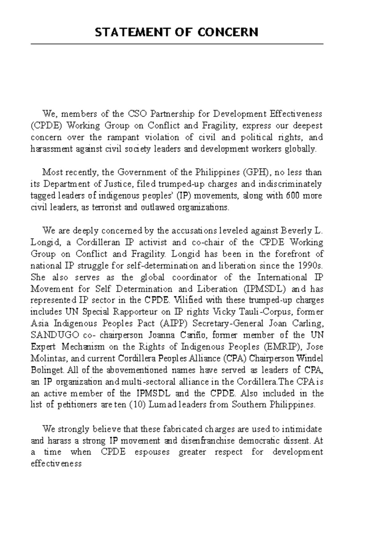 Statement OF Concern - STATEMENT OF CONCERN We, members of the CSO ...