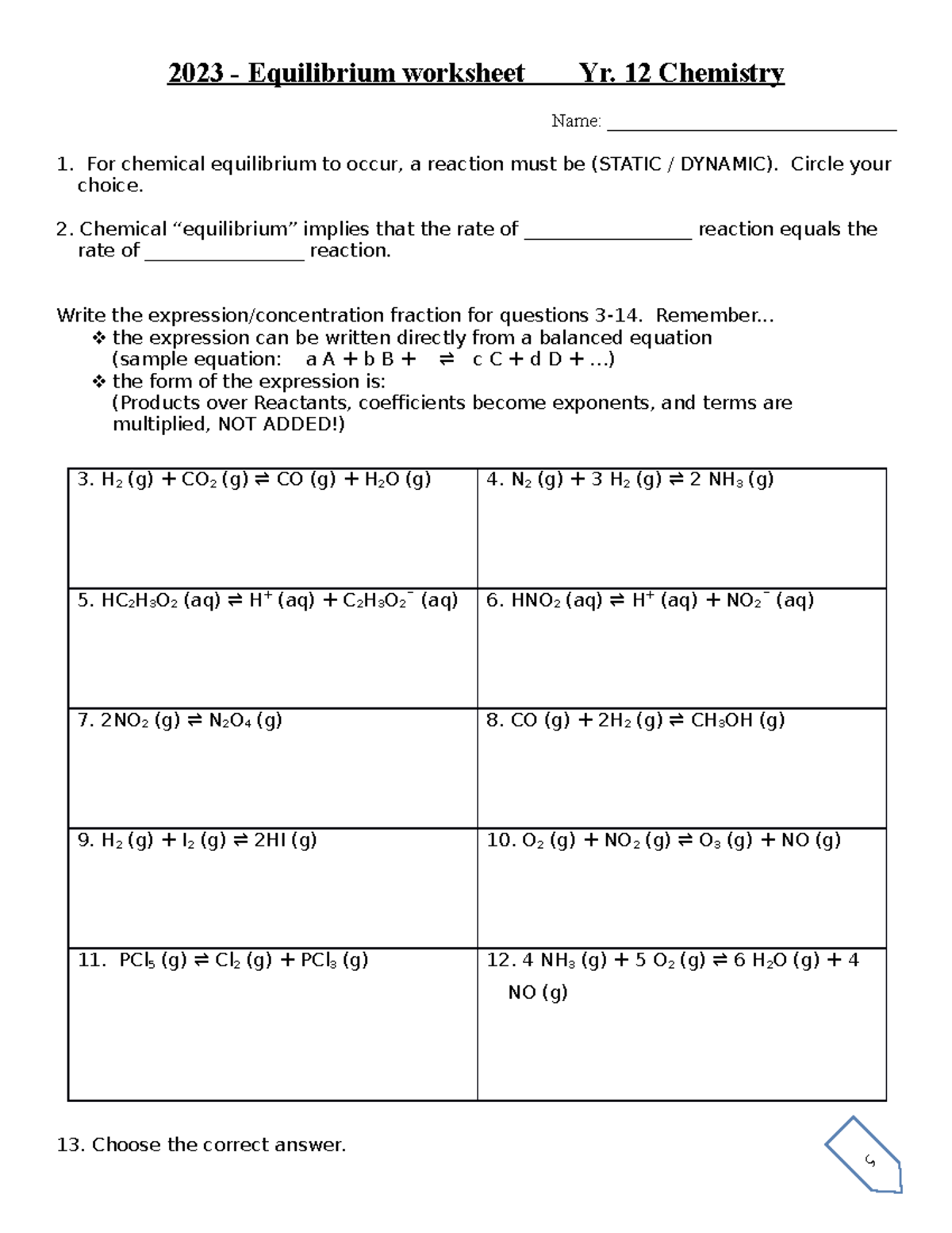 Equilibrium worksheet 1, 2023 - 2023 - Equilibrium worksheet Yr. 12 ...