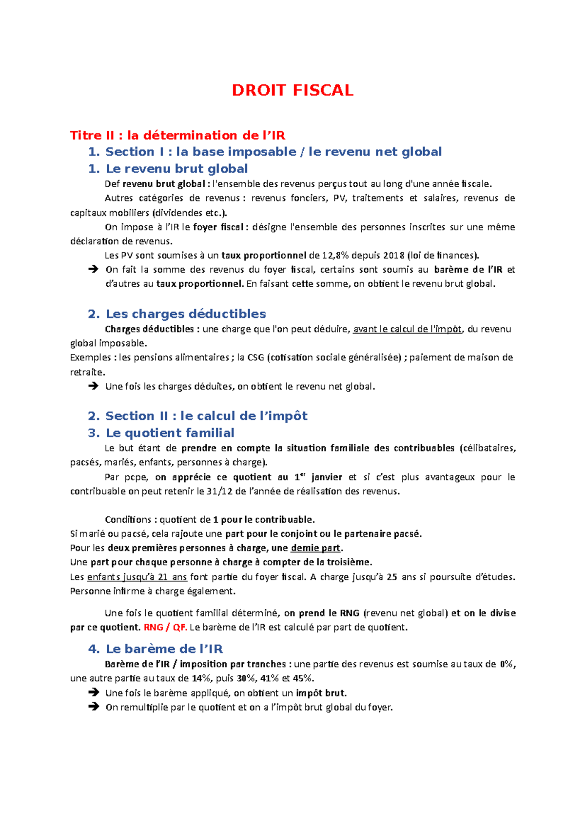 Droit fiscal S2 2 - DROIT FISCAL Titre II : la détermination de l’IR 1 ...