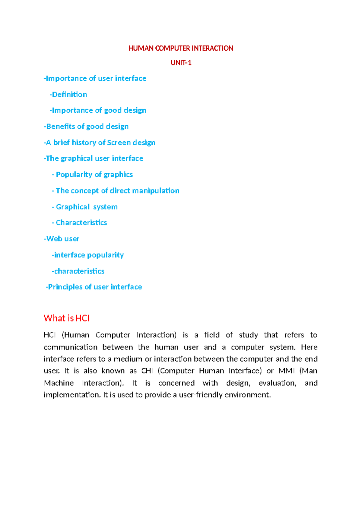 HCI-Unit-1,2,3 - HUMAN COMPUTER INTERACTION UNIT- Importance of user interface -Definition - Studocu