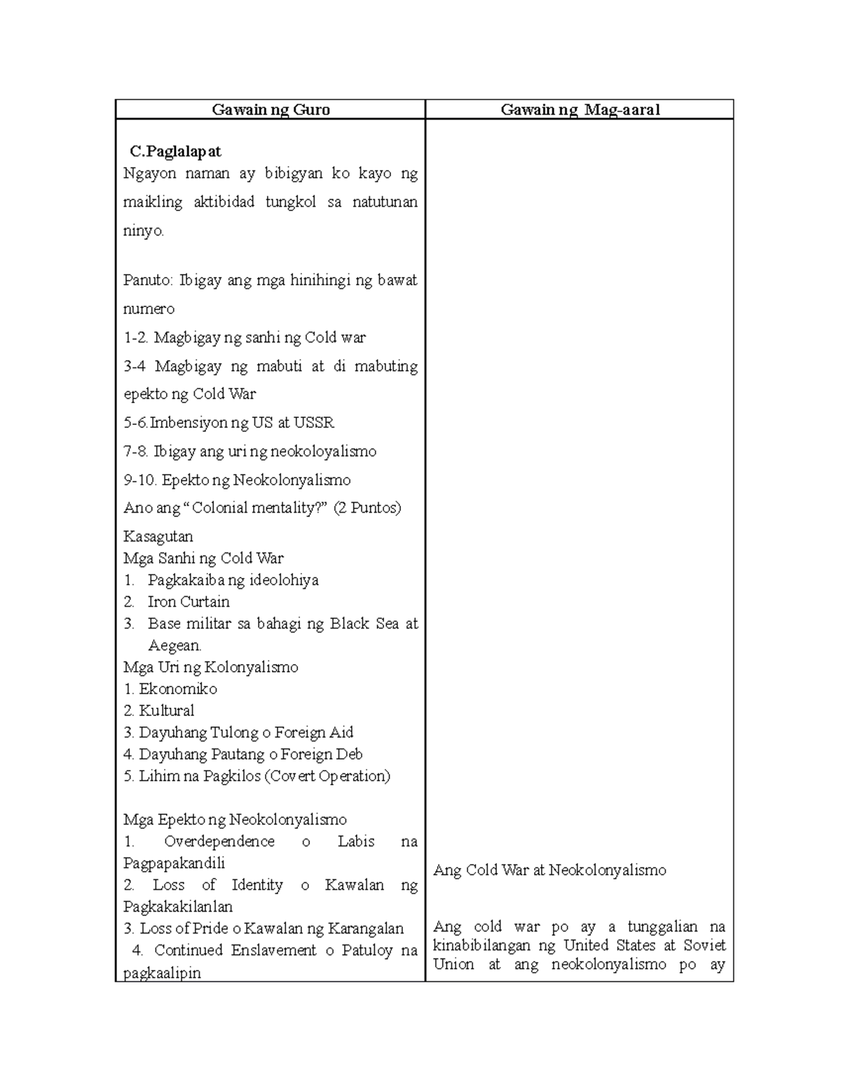 Lesson PLAN Ang Cold War at Neokolonyalismo(G8-M5) PART 9 - Gawain ng ...
