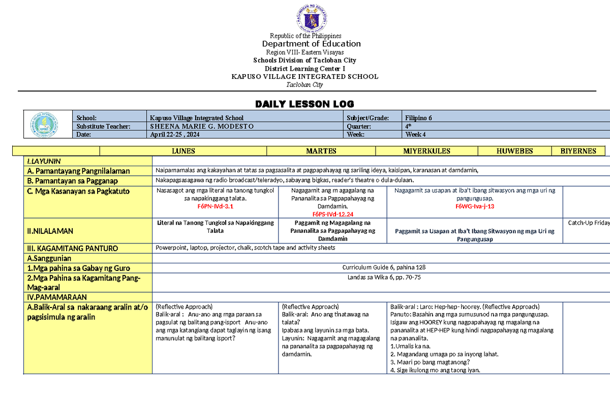 DLL WEEK 4 Filipino - Republic of the Philippines Department of ...