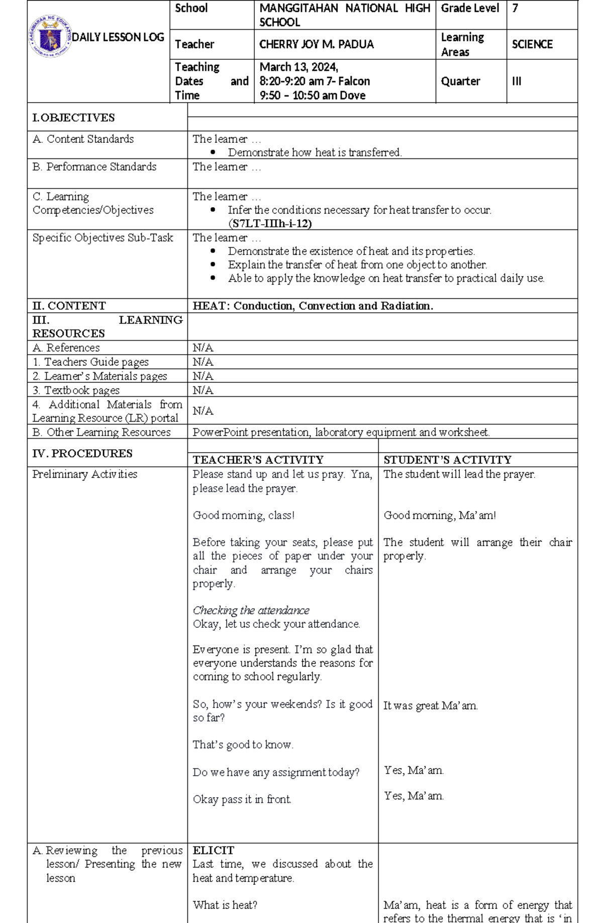 Science 7 HEAT Transfer Principles - DAILY LESSON LOG School ...