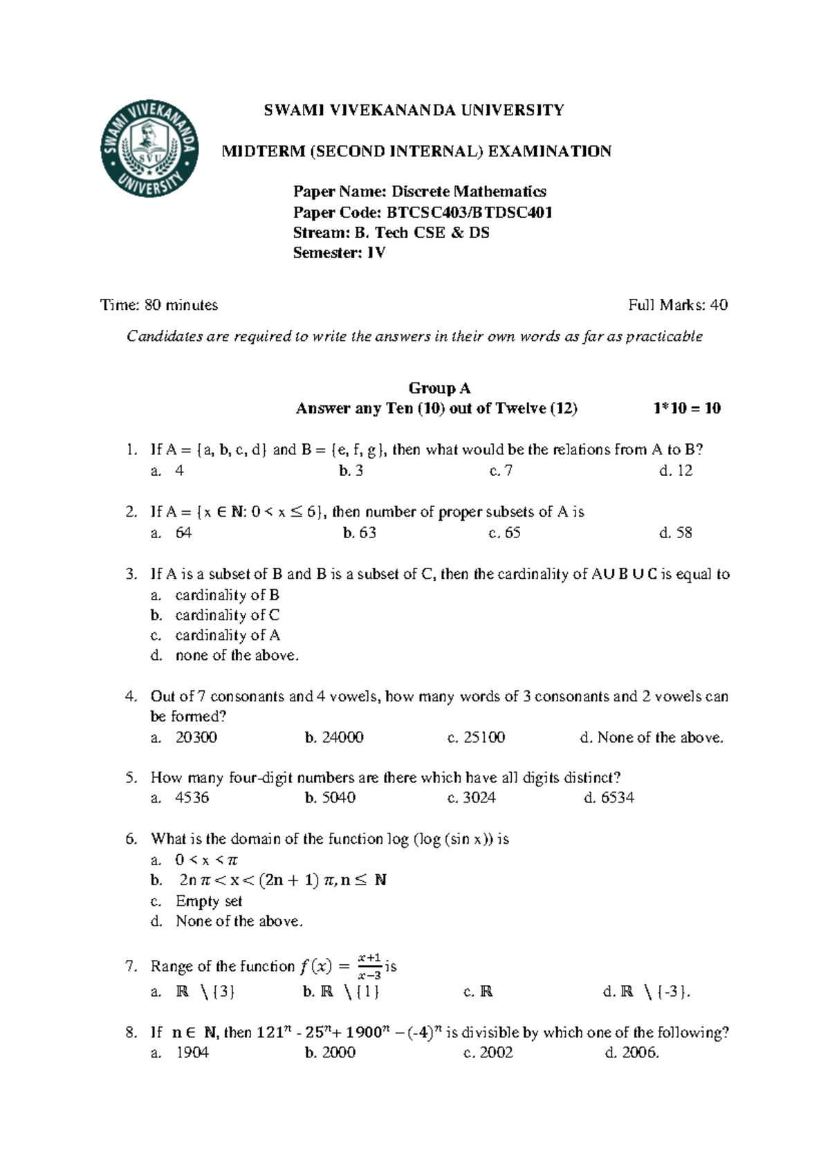 2nd Internal Question, Discrete Mathematics, B. Tech CSE + DS - IV ...