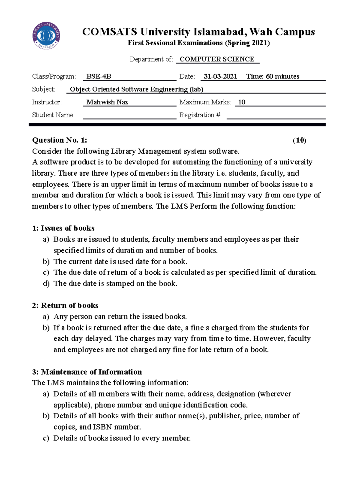 LAB Sessional 1 - fdgdfdfgdfg - COMSATS University Islamabad, Wah ...