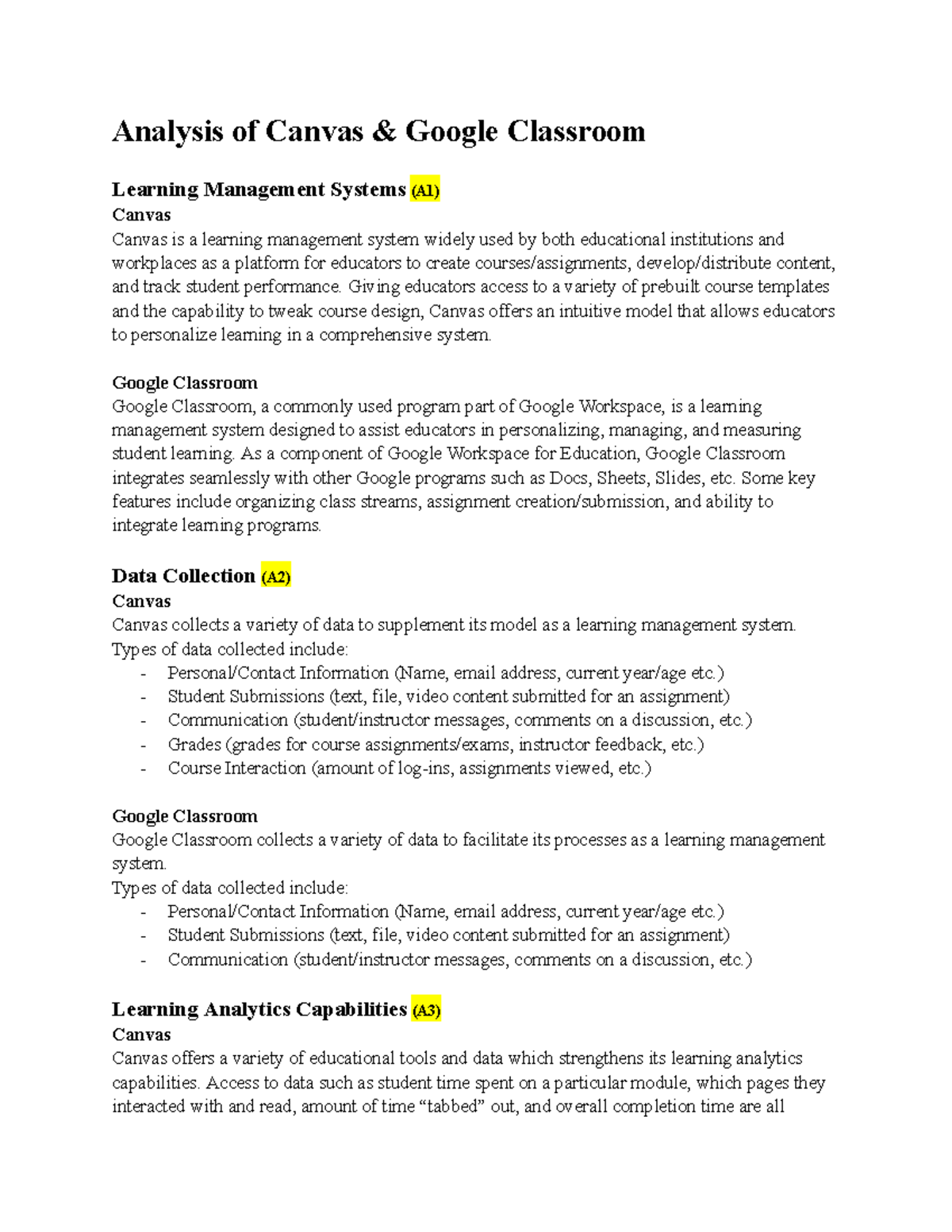 D294 Task 4 - Analysis of Canvas & Google Classroom Learning Management ...