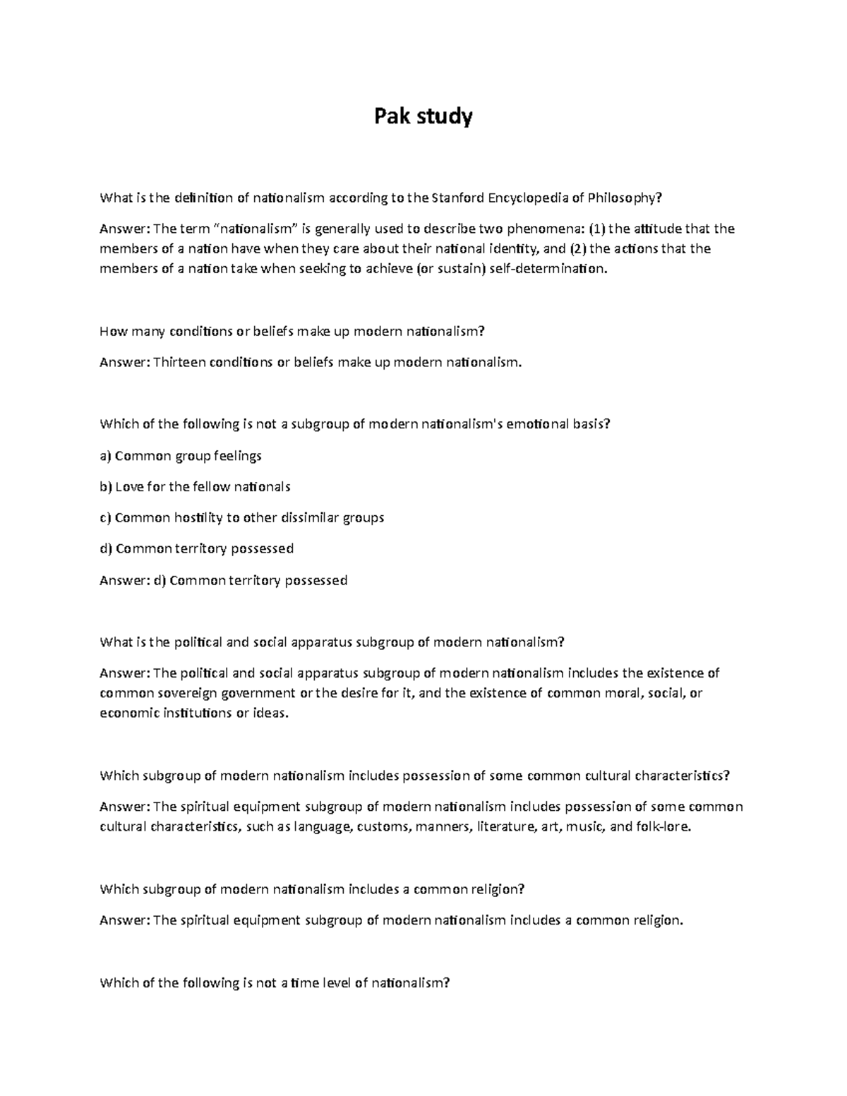 Pak study - Mcqs - Pak study What is the definition of nationalism ...