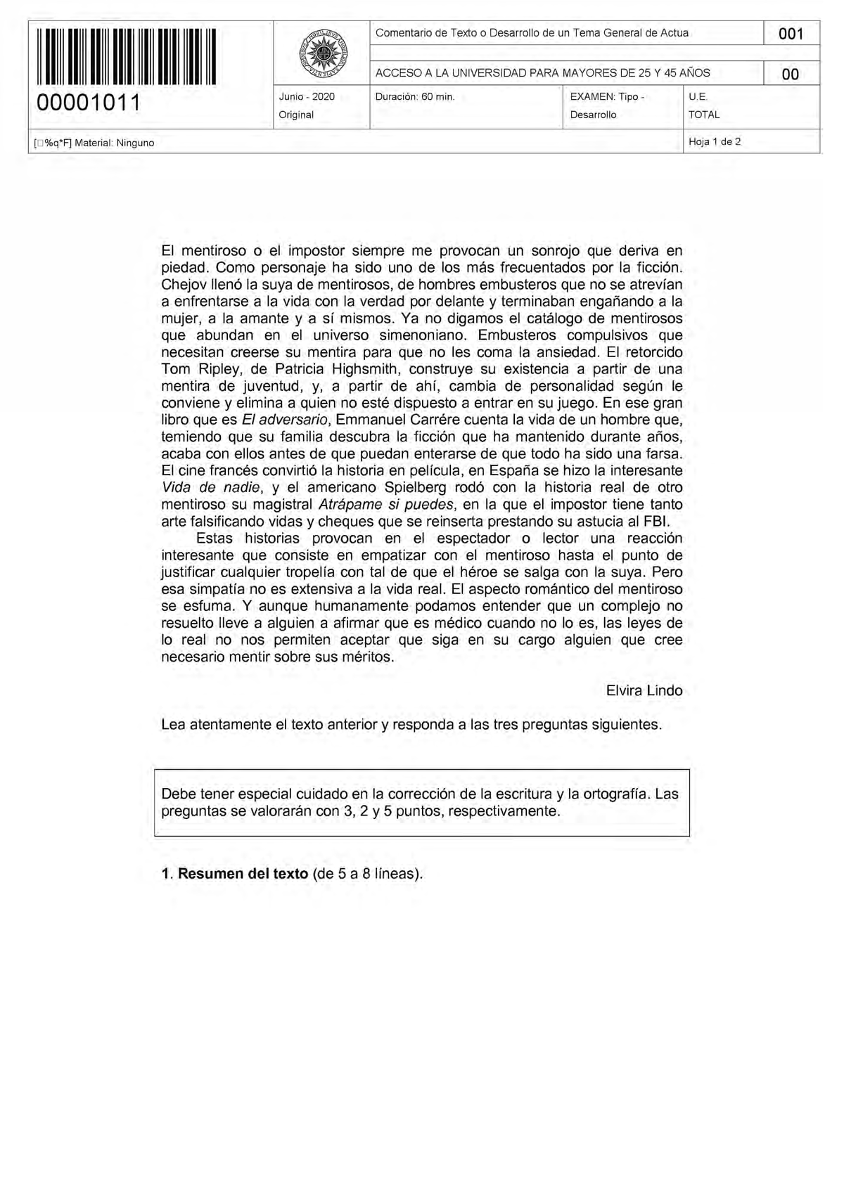 2020 Modelo 01 - exam - 00001011 [Dº/oq*F] Material: Ninguno Comentario ...