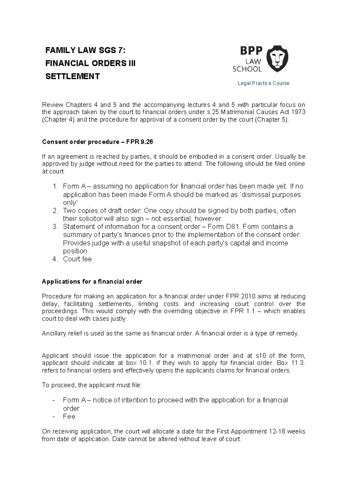 Family Law SGS 7: Financial Orders and Consent Order Procedures ...