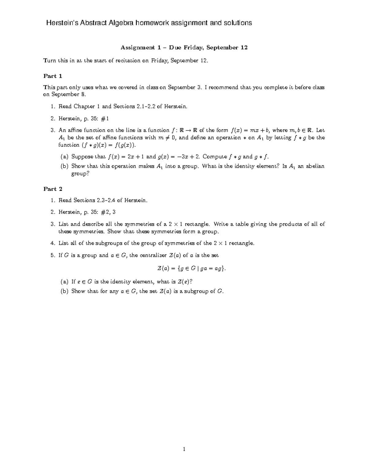 Sol Ab Alge - Solutions to assignment, Herstein Abstract Algebra ...
