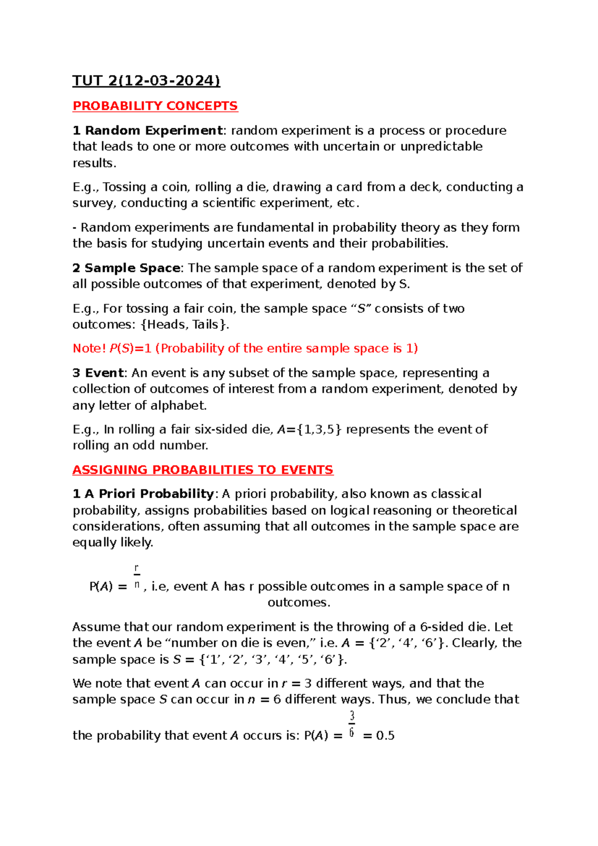 TUT 2 (12-03-2024) - TUT - TUT 2(12-03-2024) PROBABILITY CONCEPTS 1 Random Experiment: random ...