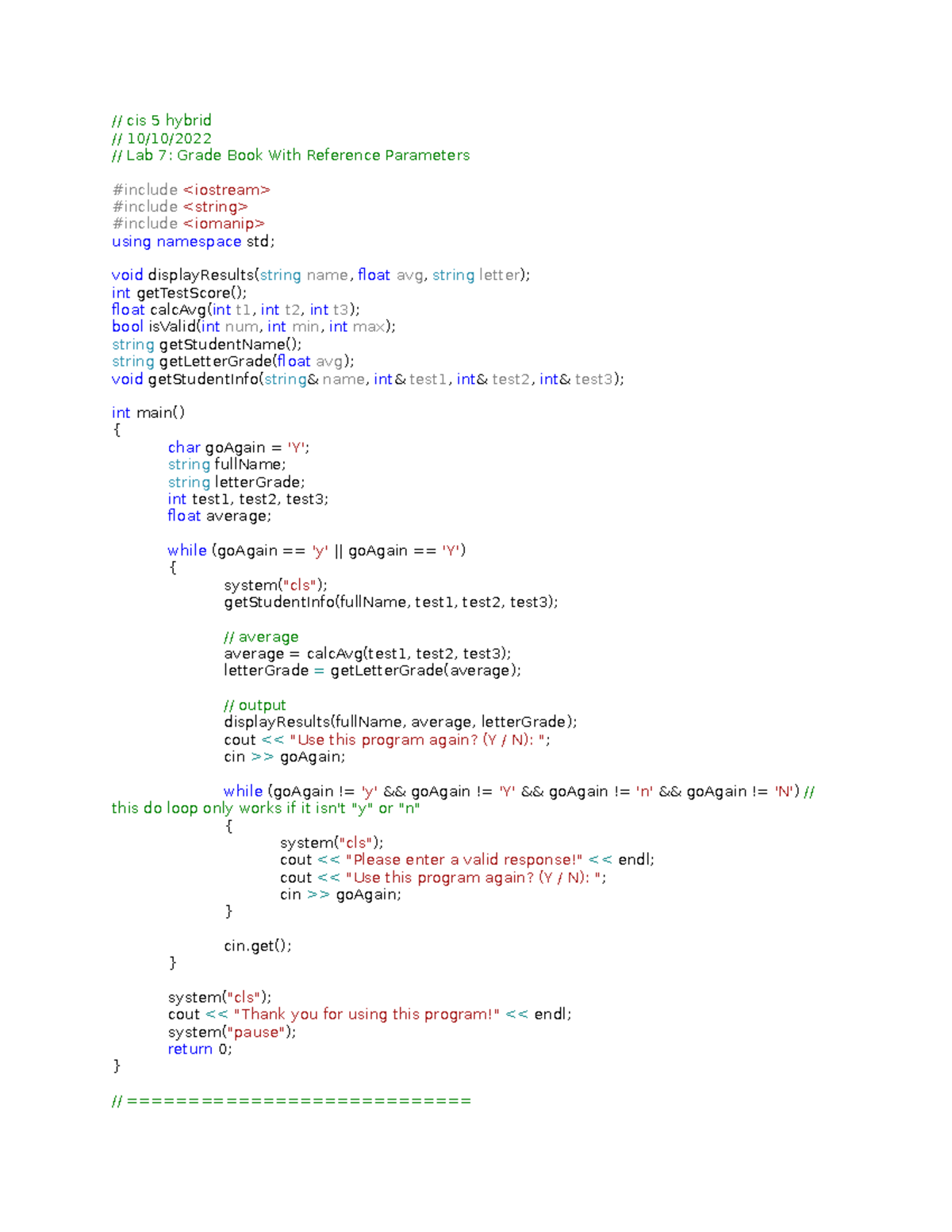(Module 7) - Gradebook with Reference Parameters - Lab 7B - // cis 5 ...