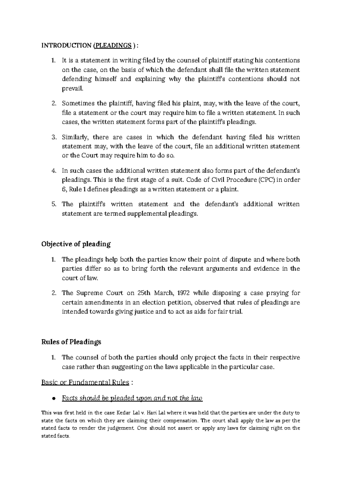 Introduction ( Pleadings ) - INTRODUCTION (PLEADINGS ) : It is a ...