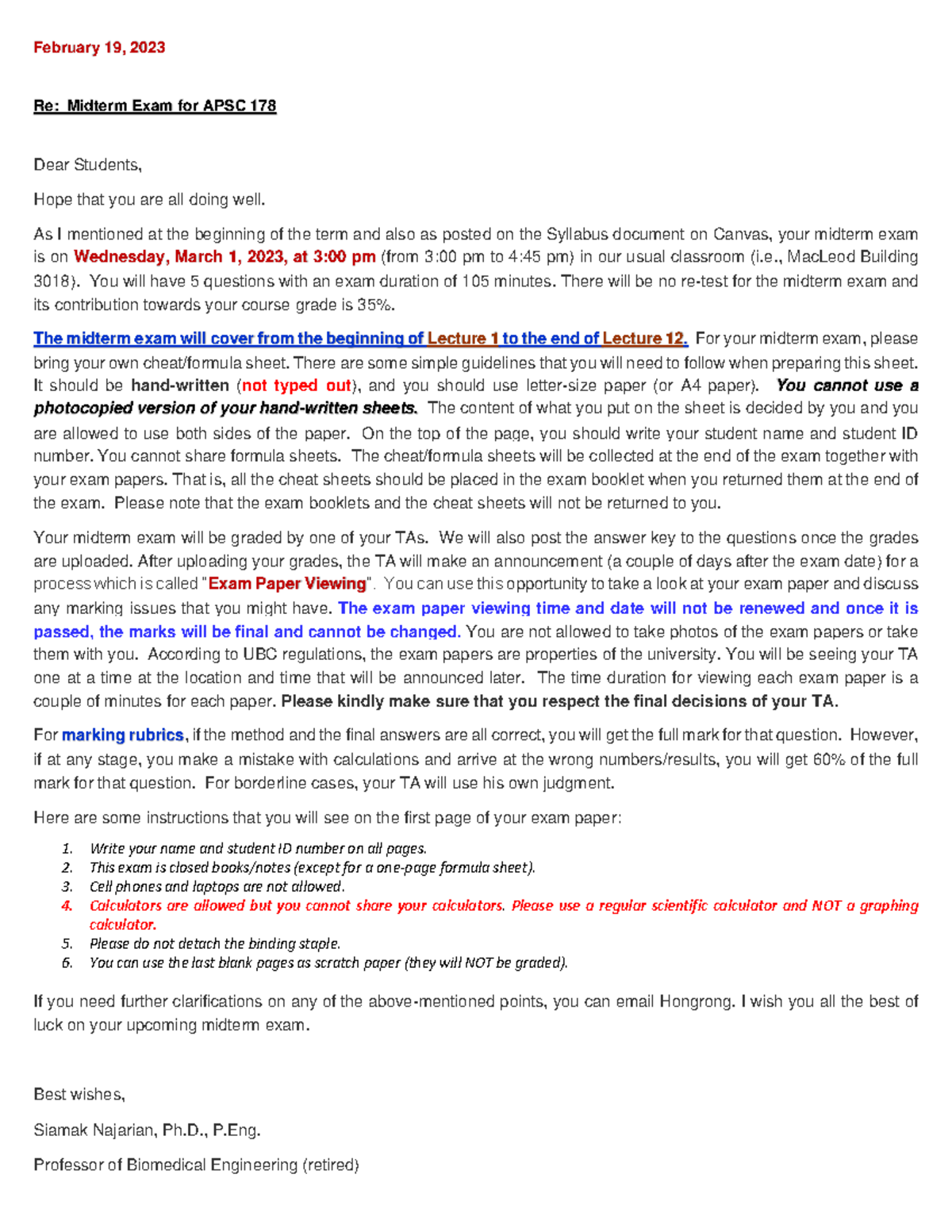 Announcement for Midterm Exam APSC 178 - February 19, 2023 Re: Midterm ...