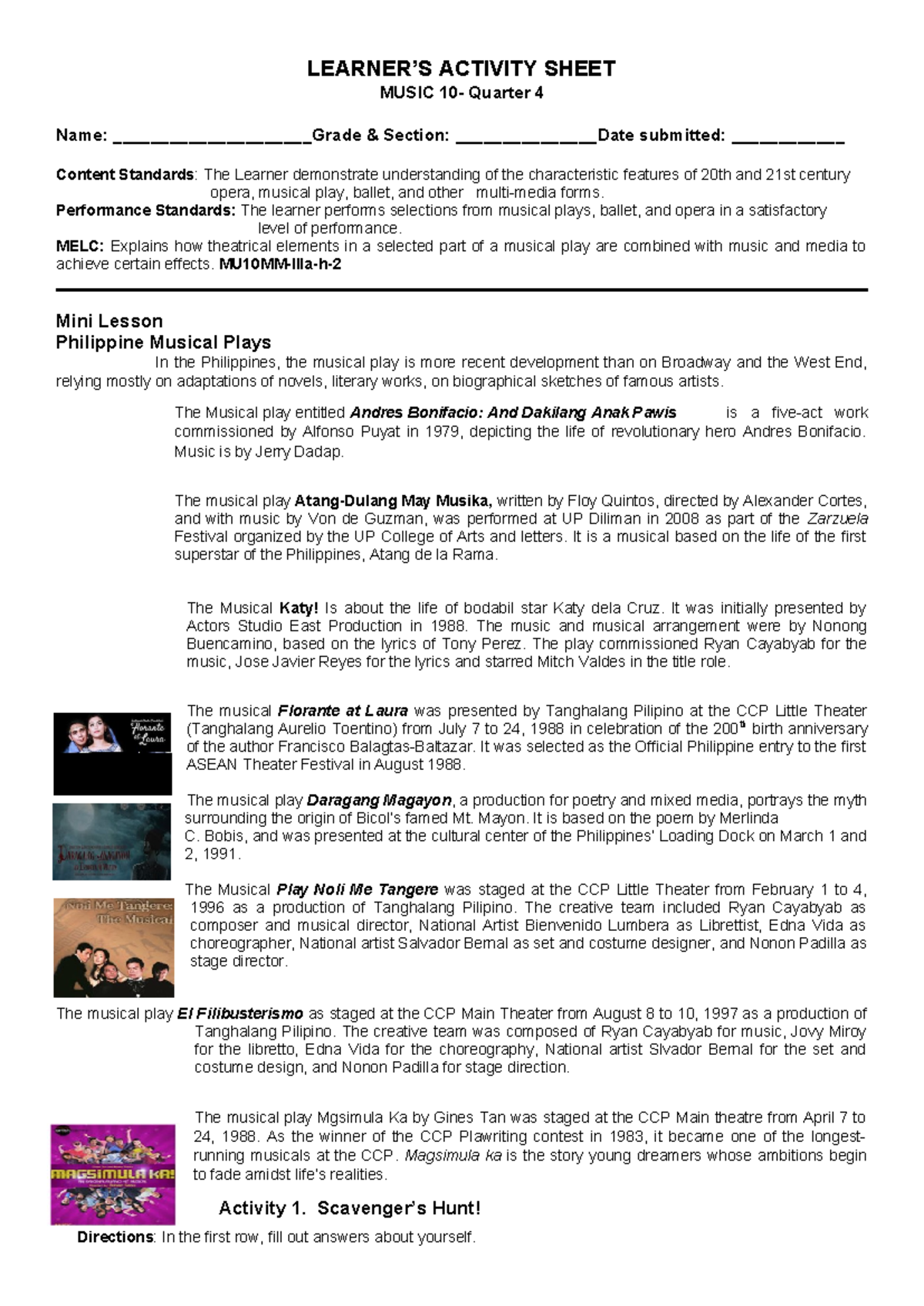 LAS-music 10 4q - learning activity sheet in music - LEARNER’S ACTIVITY ...
