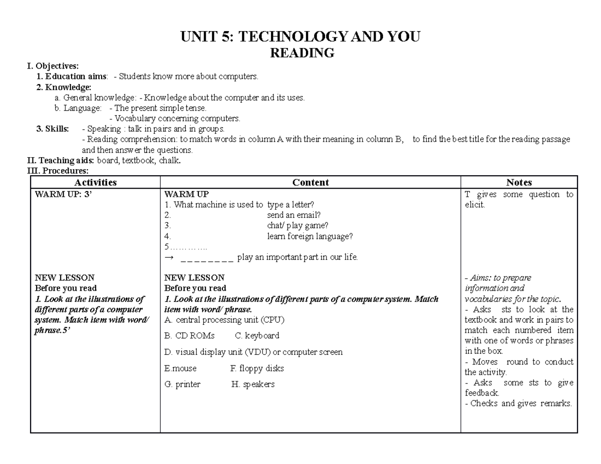 E10u5readsts - asdadad - UNIT 5: TECHNOLOGY AND YOU READING **I ...