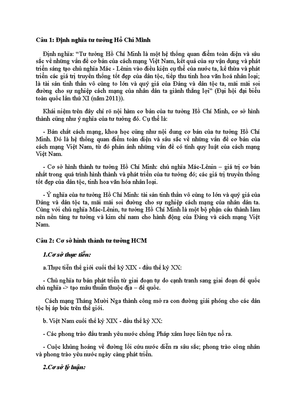 ĐỀ CƯƠNG Tthcm - an outline - Câu 1: Định nghĩa tư tưởng Hồ Chí Minh ...