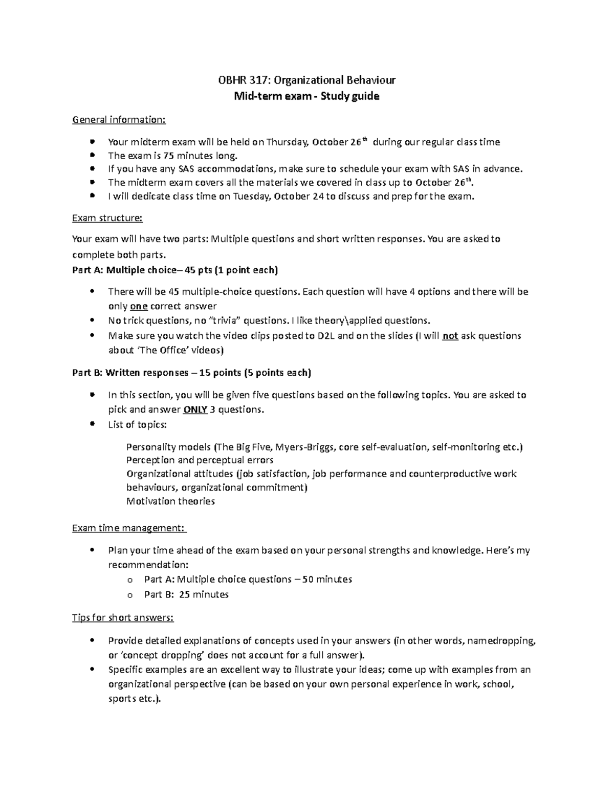 OBHR 317 Midterm exame study guide Fall 2023 - OBHR 317: Organizational ...