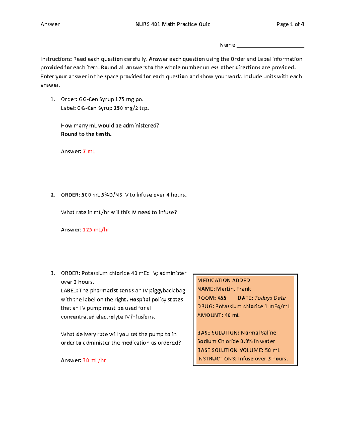 Math Competency Practice Quiz - Name ...