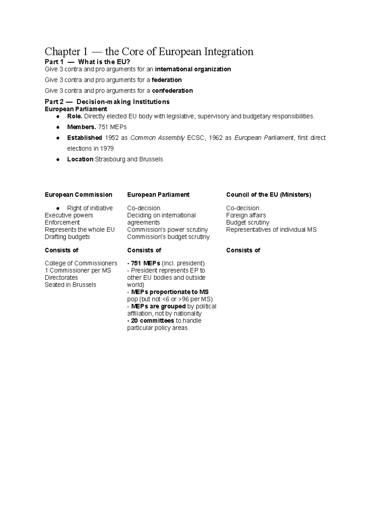 EUintegrationsummary - Chapter 1 the Core of European Integration Part ...