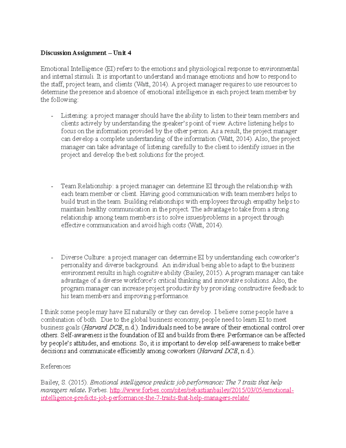 DA-Unit 4 - Discussion Assignment -Unit 4 - Discussion Assignment – Unit 4 Emotional ...