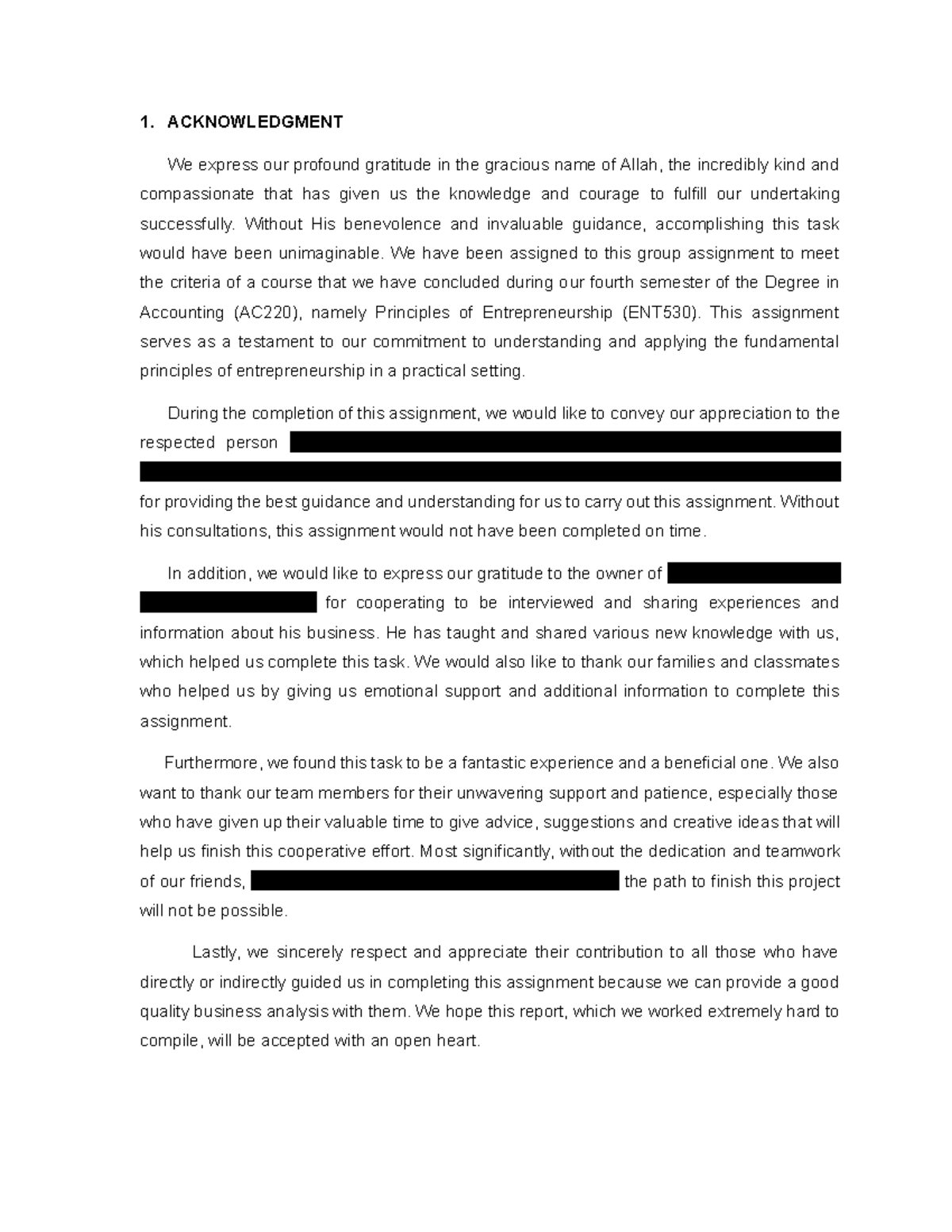 ENT530 Business Analysis Acknowledgement - 1. ACKNOWLEDGMENT We express ...