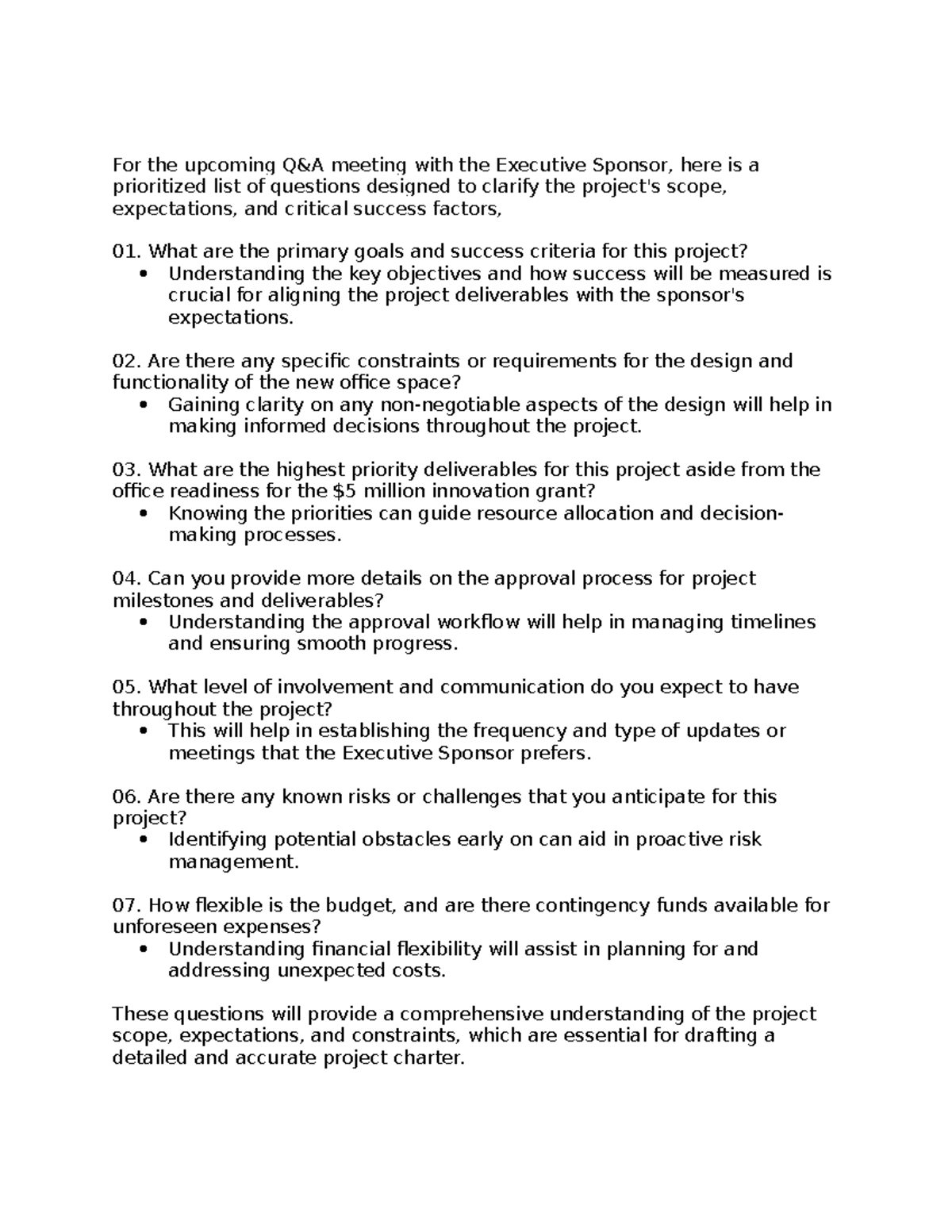 Project charter and 7 questions - For the upcoming Q&A meeting with the ...