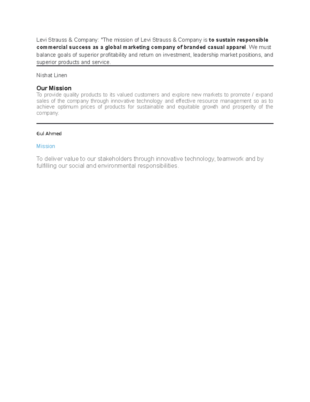 Mission statement of abc - Levi Strauss & Company: "The mission of Levi ...