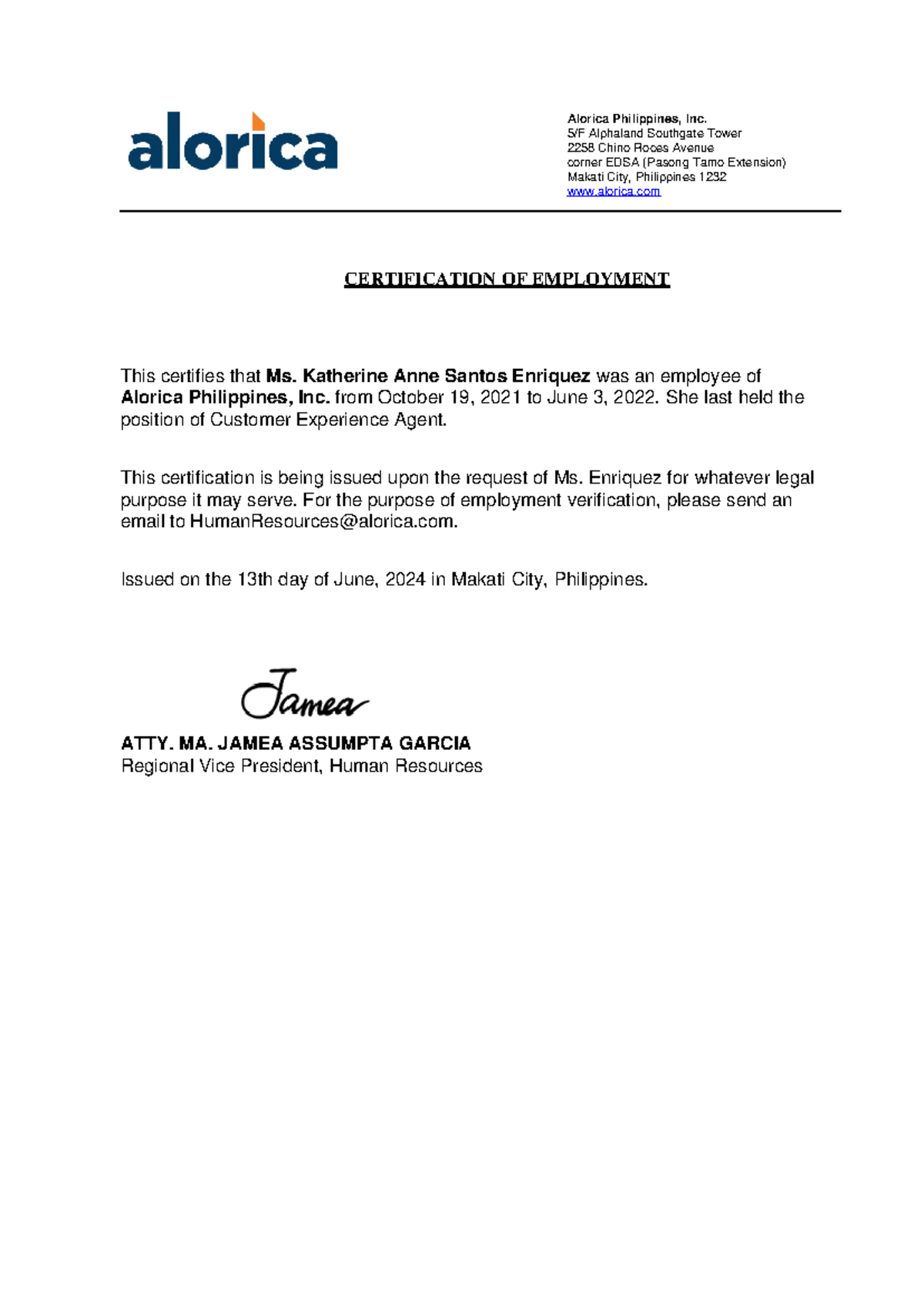 COE-5949376 - THis is one is sample of a Certificate of employment - Alorica Philippines, Inc. 5 ...