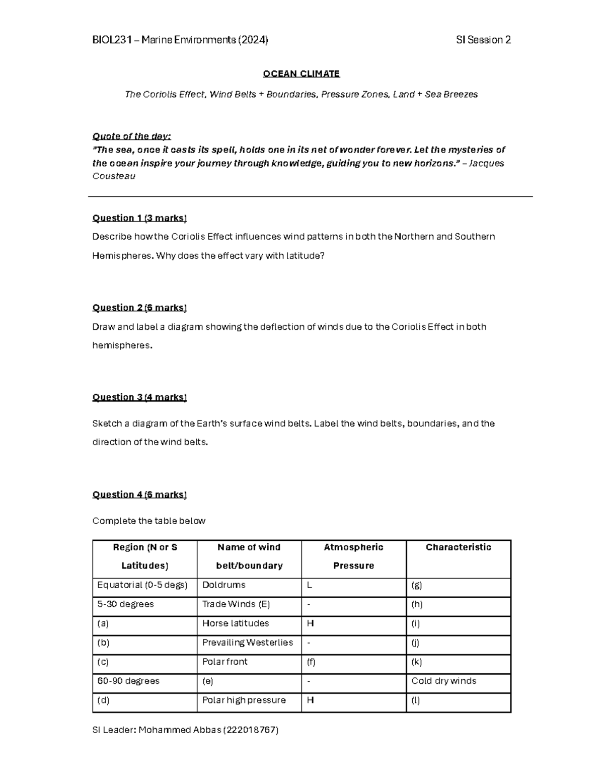 BIOL231 SI Session 2 2024 - BIOL231 – Marine Environments (2024) SI Session 2 SI Leader ...