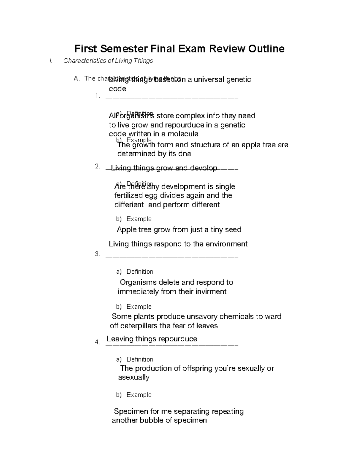 2022 First Semester Final Exam Review Outline - Characteristics of ...