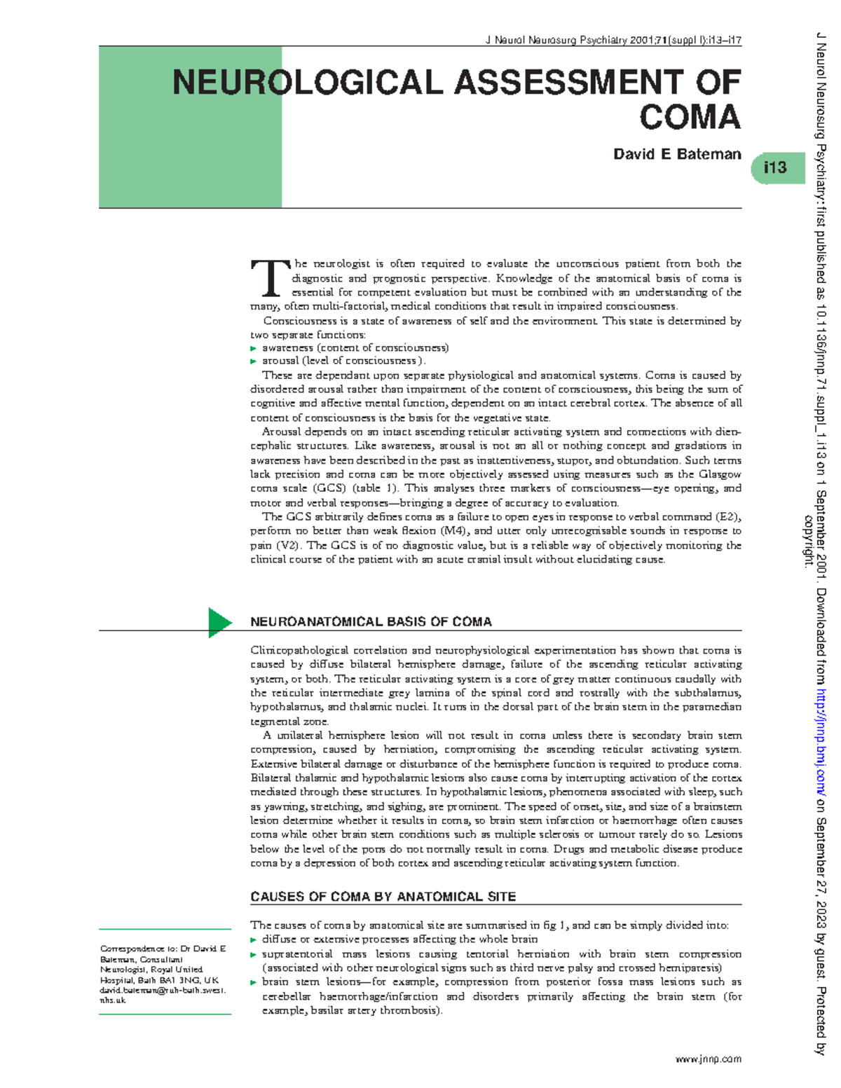 Assessment of Coma - NEUROLOGICAL ASSESSMENT OF COMA David E Bateman T ...