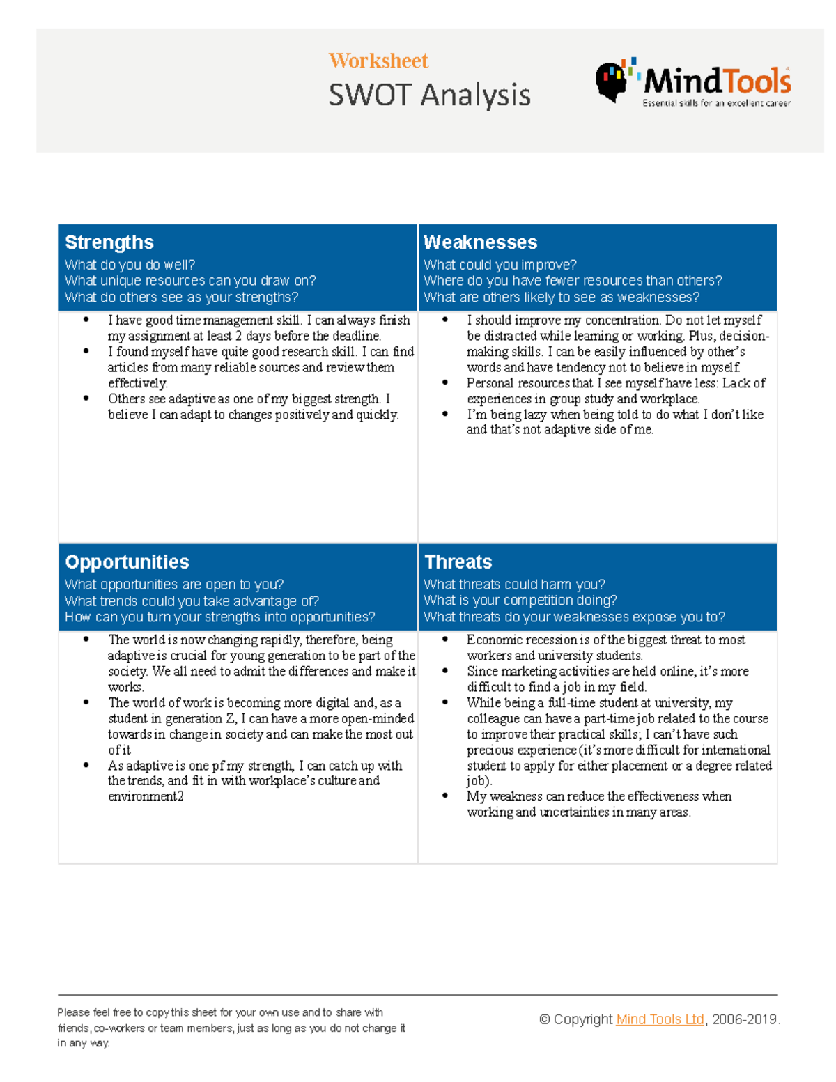 Swot analysis Worksheet - Worksheet SWOT Analysis Strengths What do you ...