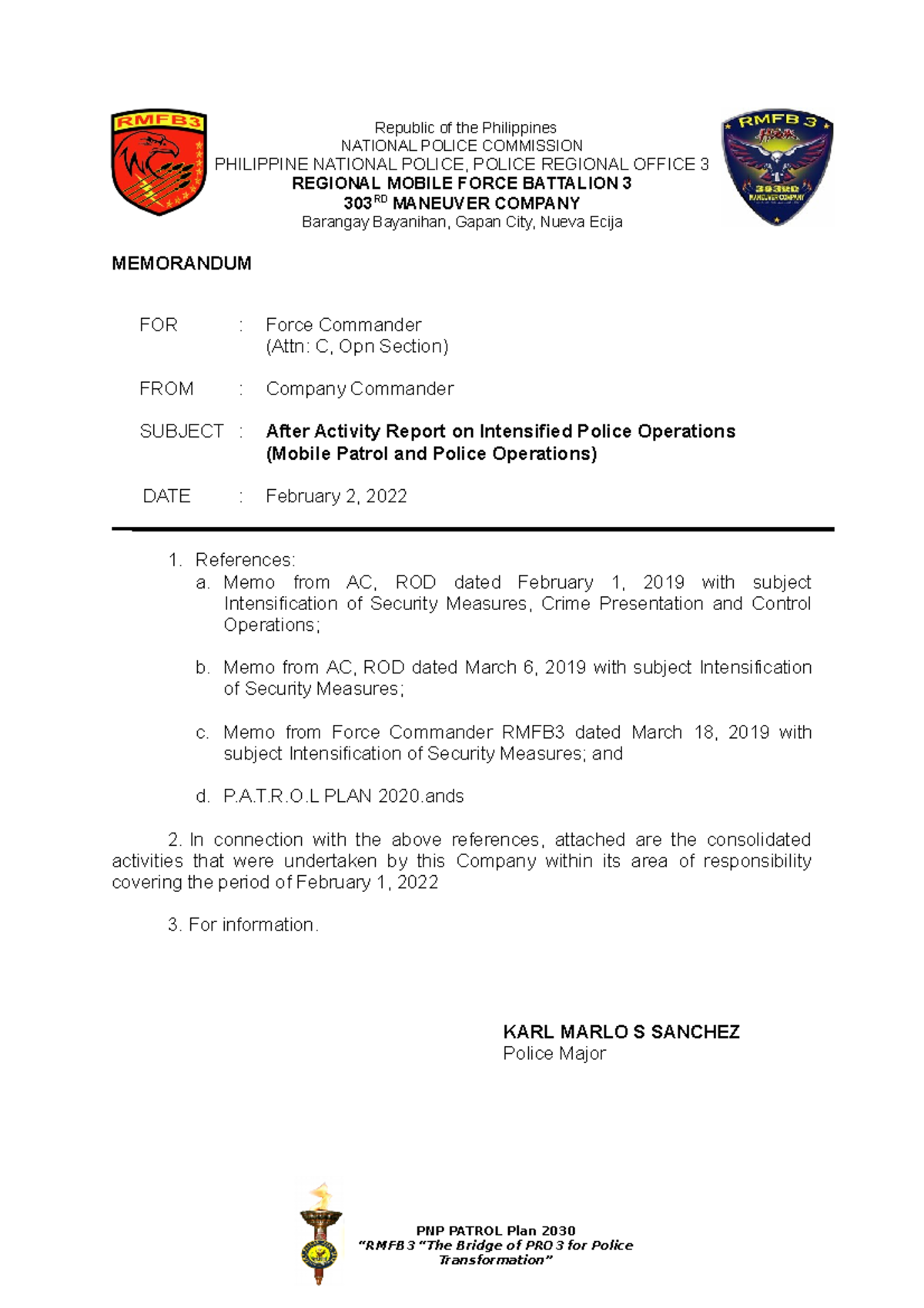 303rd MC Daily AAR February 1, 2023 - PNP PATROL Plan 2030 “RMFB3 “The ...
