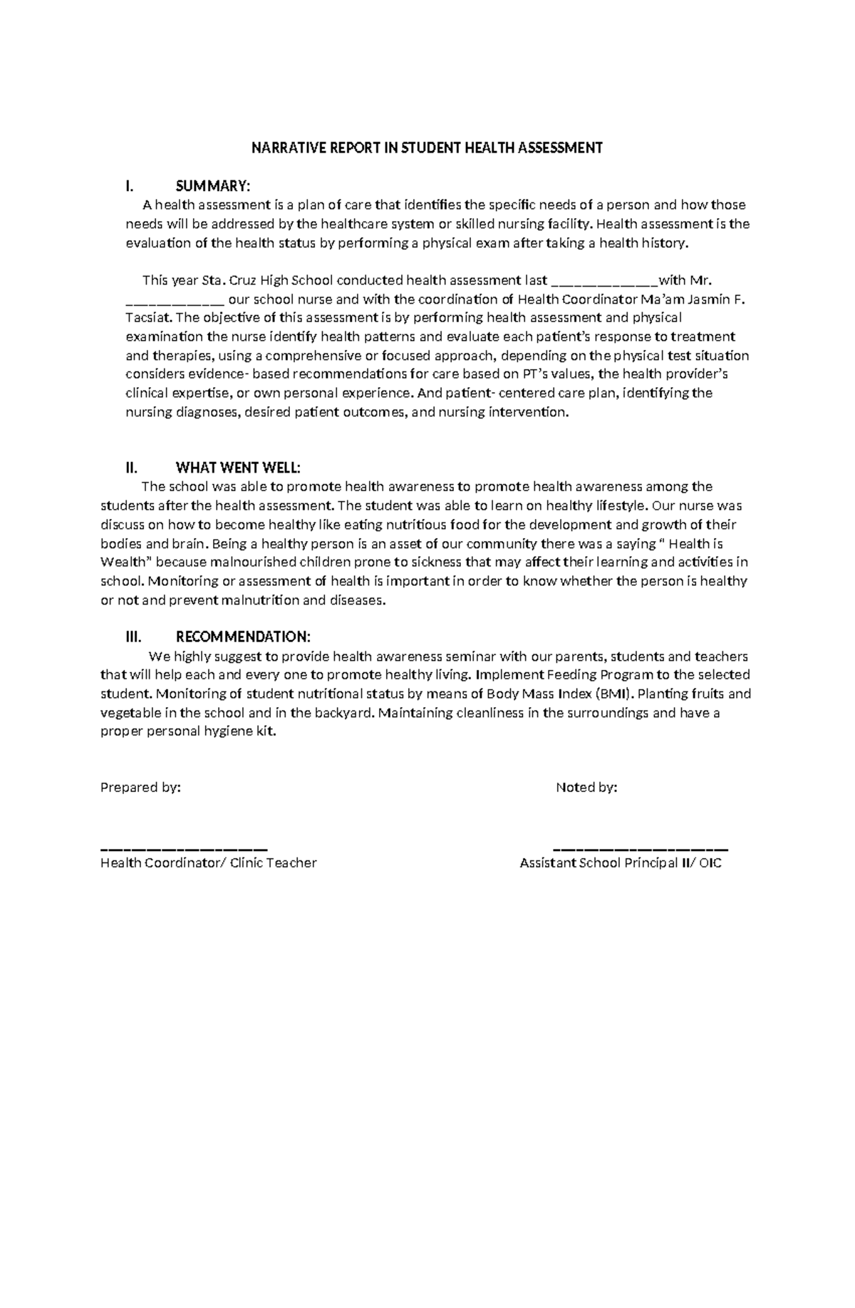 Narrative FOR Health Asseessment - NARRATIVE REPORT IN STUDENT HEALTH ...