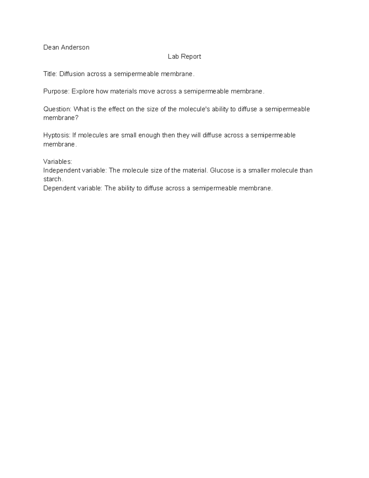 Lab report 1 - edgenuity - Dean Anderson Lab Report Title: Diffusion ...