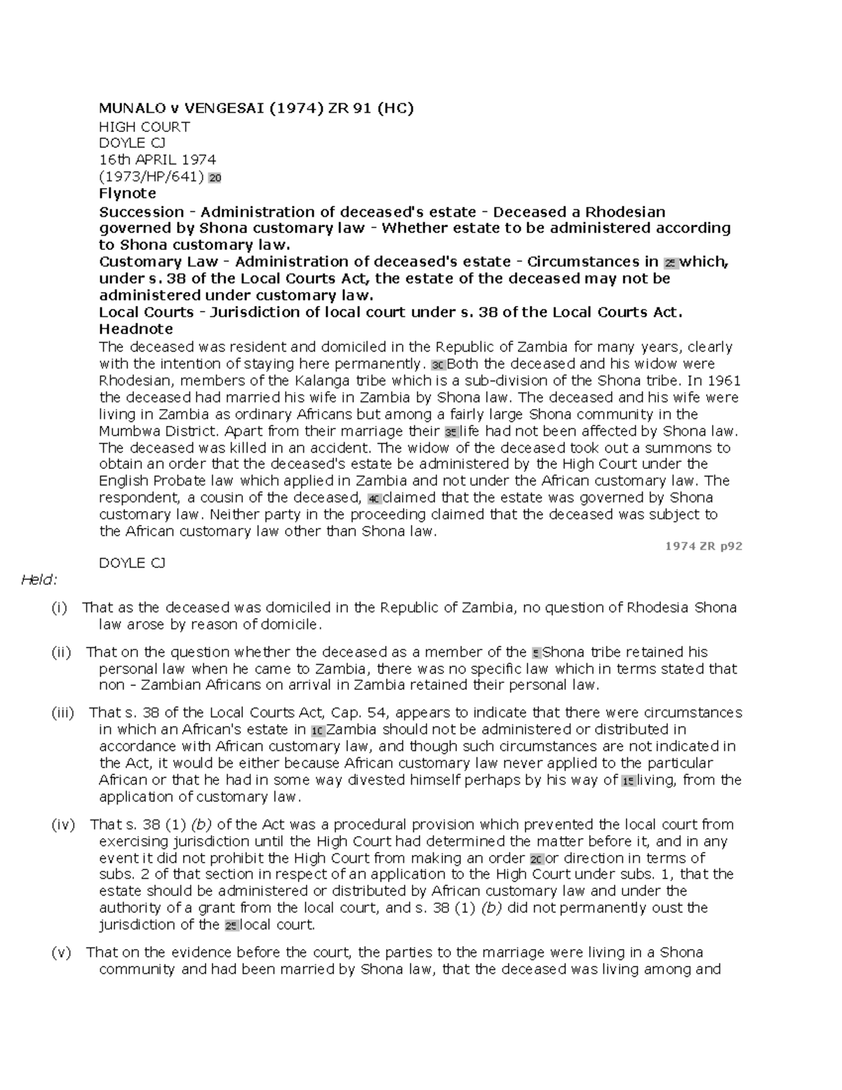 1974-zmhc-7 - Case - MUNALO v VENGESAI (1974) ZR 91 (HC) HIGH COURT ...