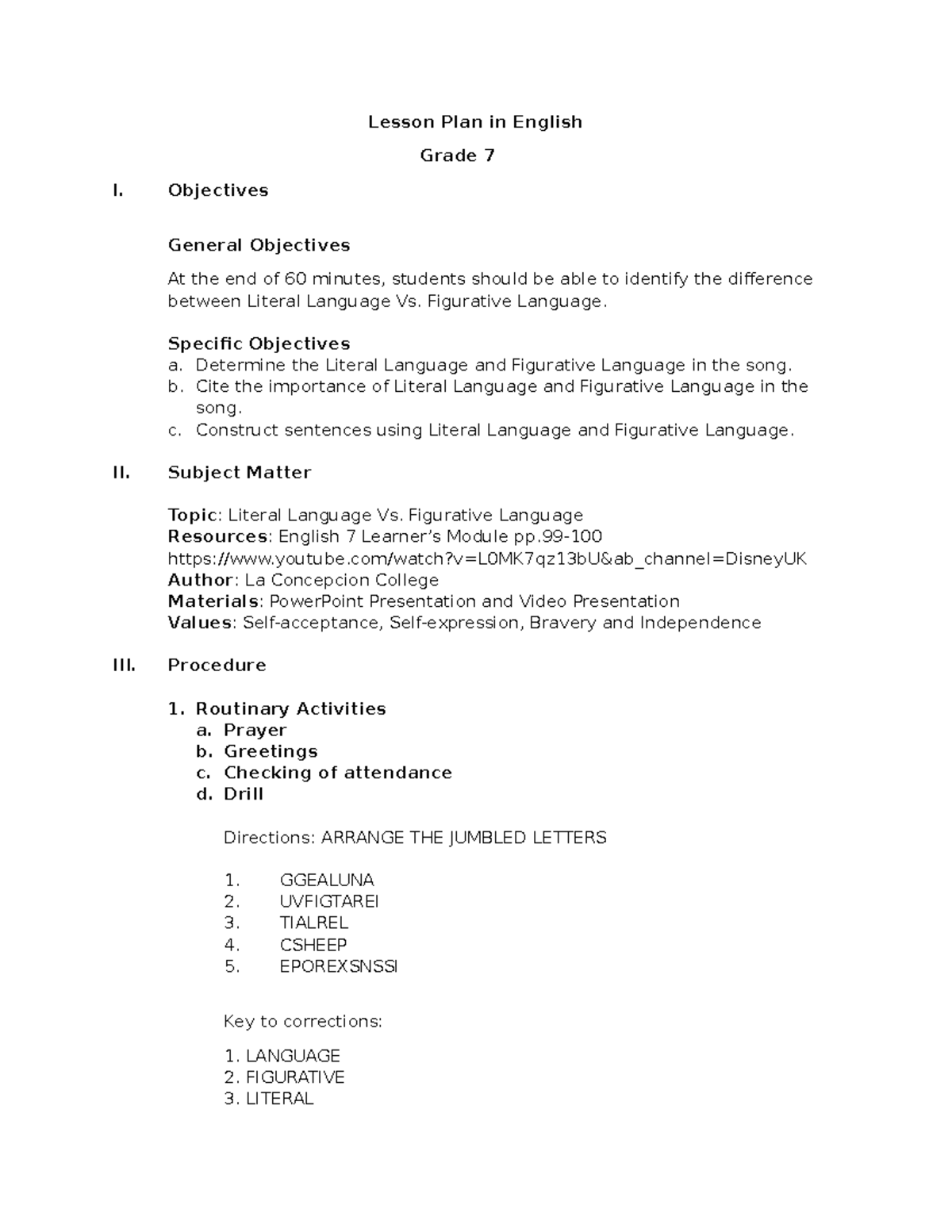 Lesson Plan in English 7 - Lesson Plan in English Grade 7 I. Objectives ...
