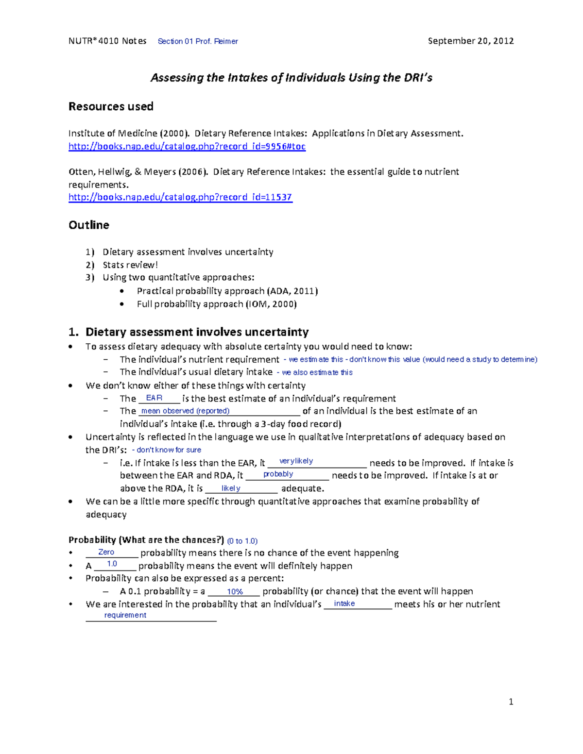Notes 12-09-20 - Summary of lecture - Assessing the Intakes of ...