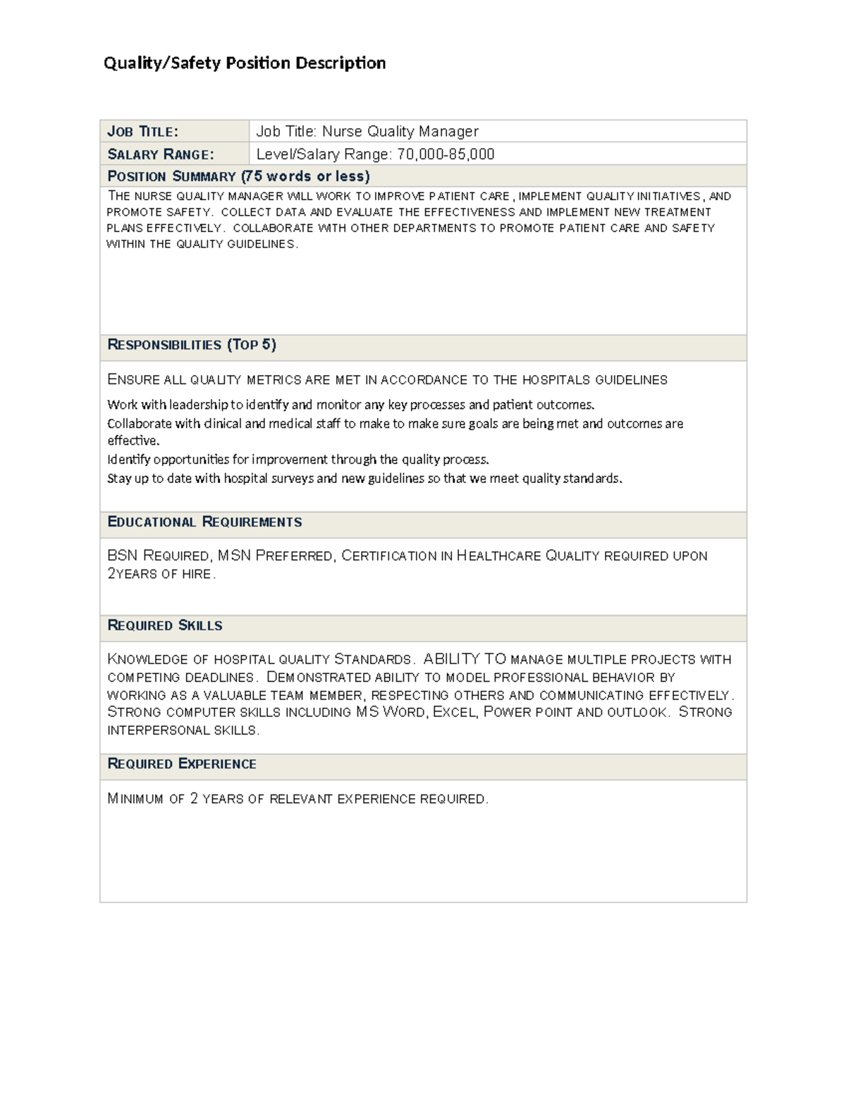 Nurse Quality Position Description - Quality/Safety Position ...