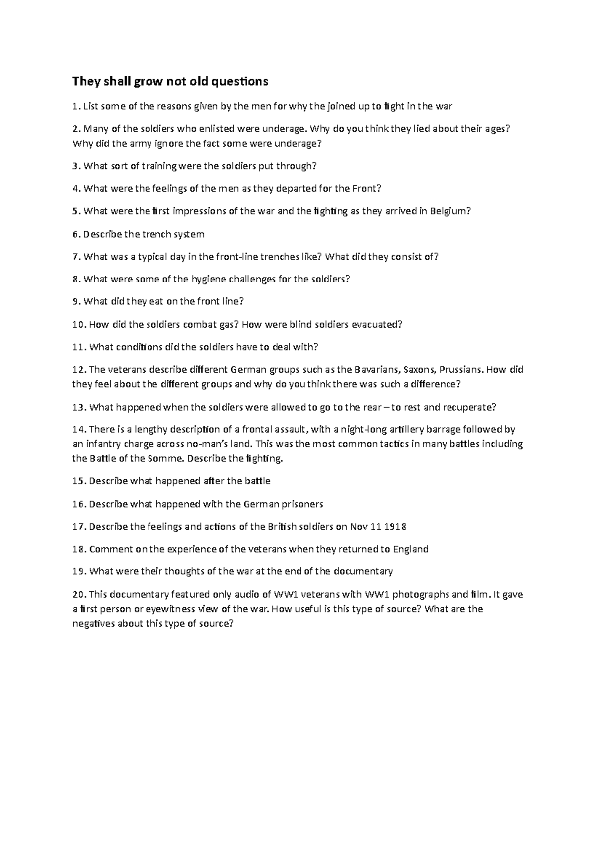 They will not grow old - documentary questions - They shall grow not ...