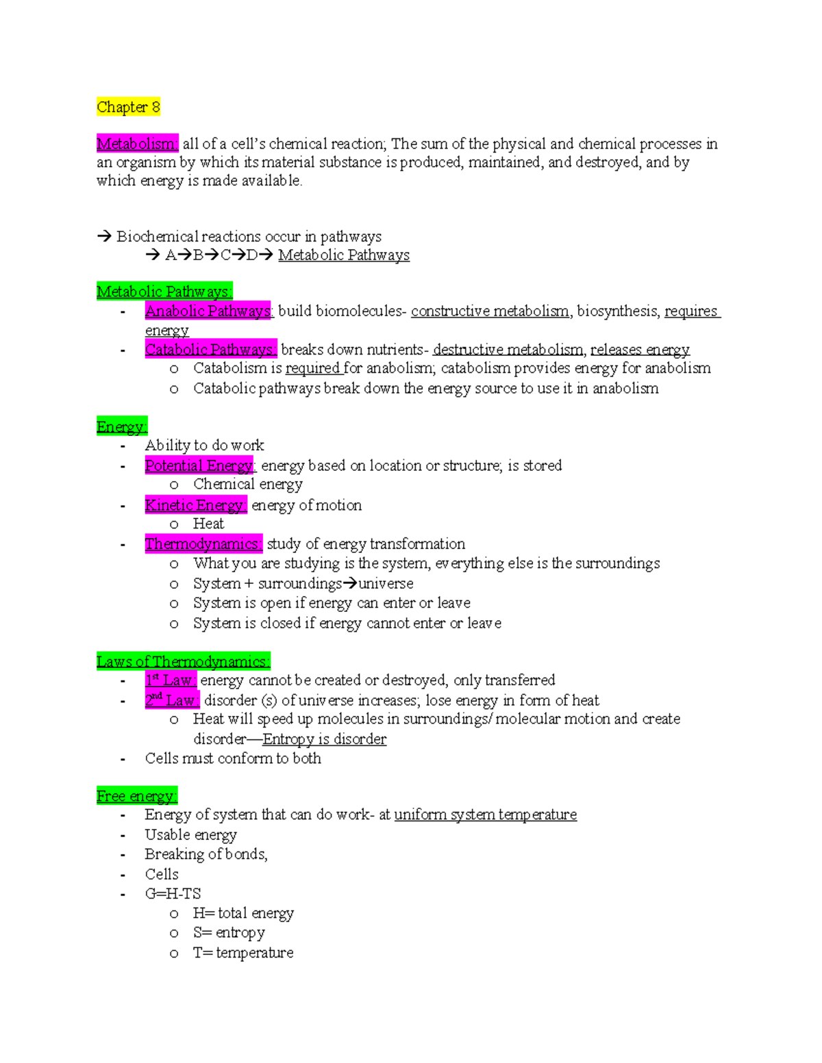 BIO 1 Chapter 8,9,10 Lecture Notes - Chapter 8 Metabolism: all of a ...