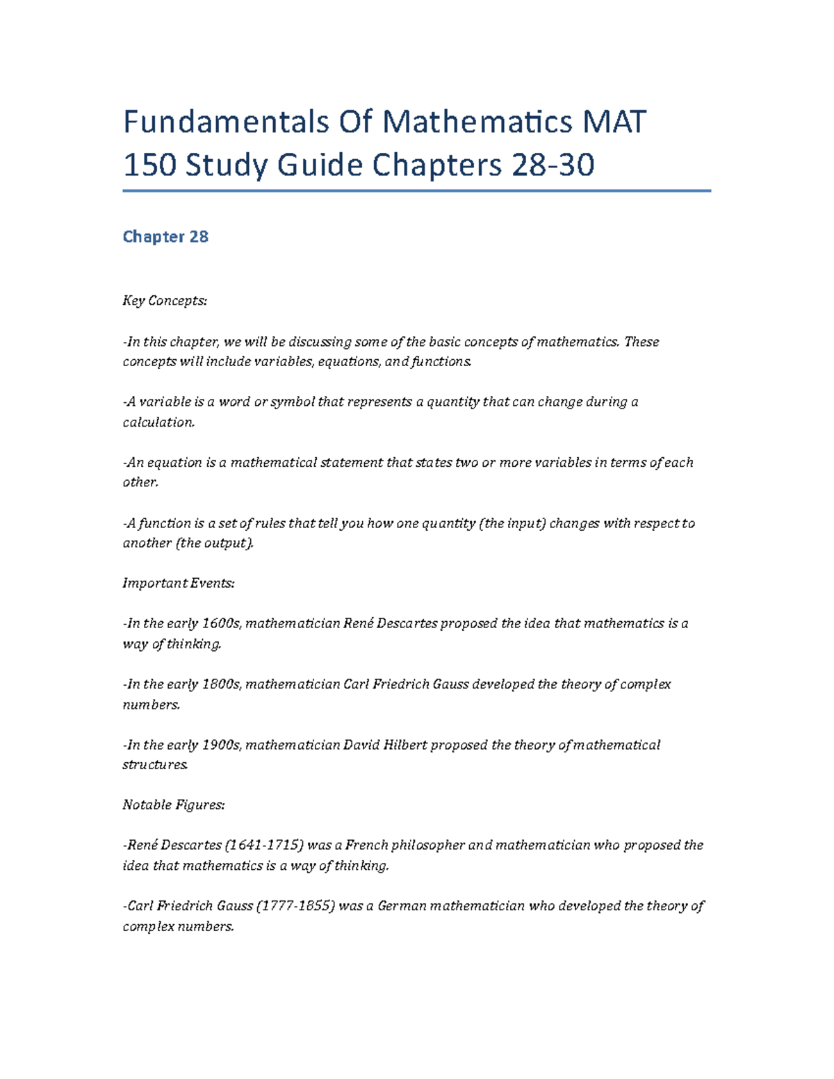 Fundamentals Of Mathematics MAT 150 Study Guide Chapters 28-30 - These ...