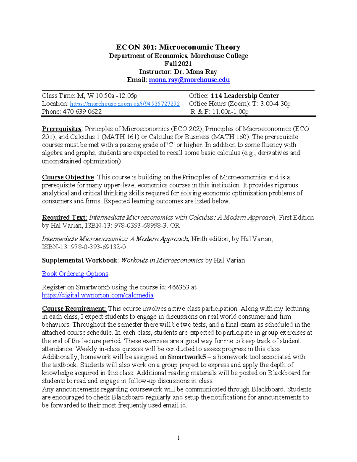Econ301f21syl - Course Syllabus - ECON 301 : Microeconomic Theory Department of Economics ...
