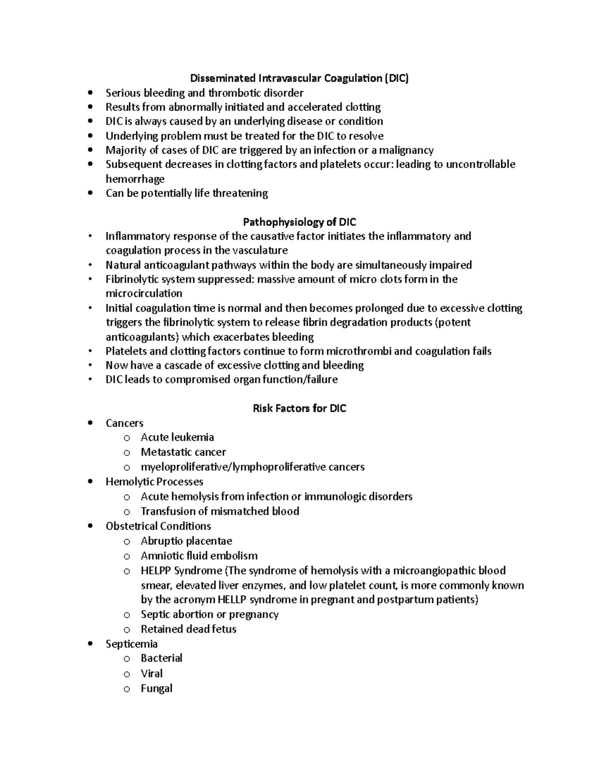 Medsurg 3 unit 5 notes - Disseminated Intravascular Coagulation (DIC ...