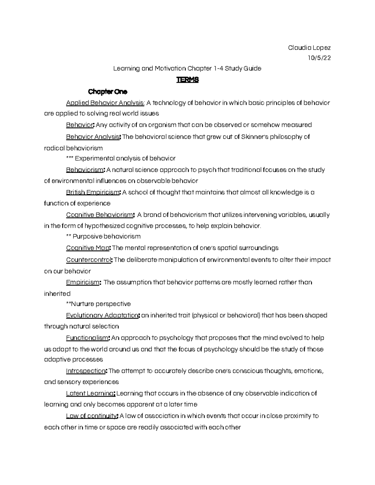 Chapter 1-4 study guide - Claudia Lopez 10/5/ Learning and Motivation ...